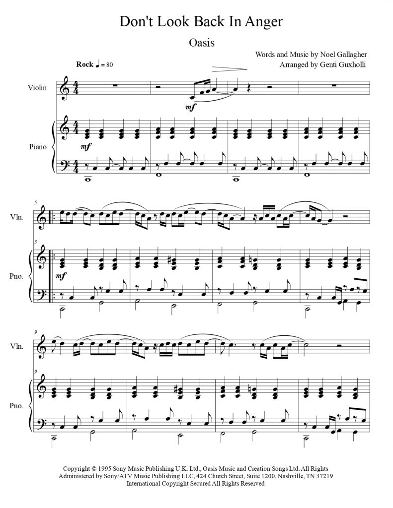 Oasis – Don’t Look Back In Anger (Violin Solo) – Littlesheetmusic