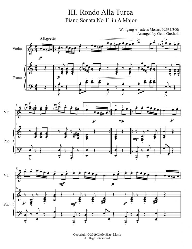 Wolfgang Amadeus Mozart – Turkish March (Violin Solo) – Littlesheetmusic