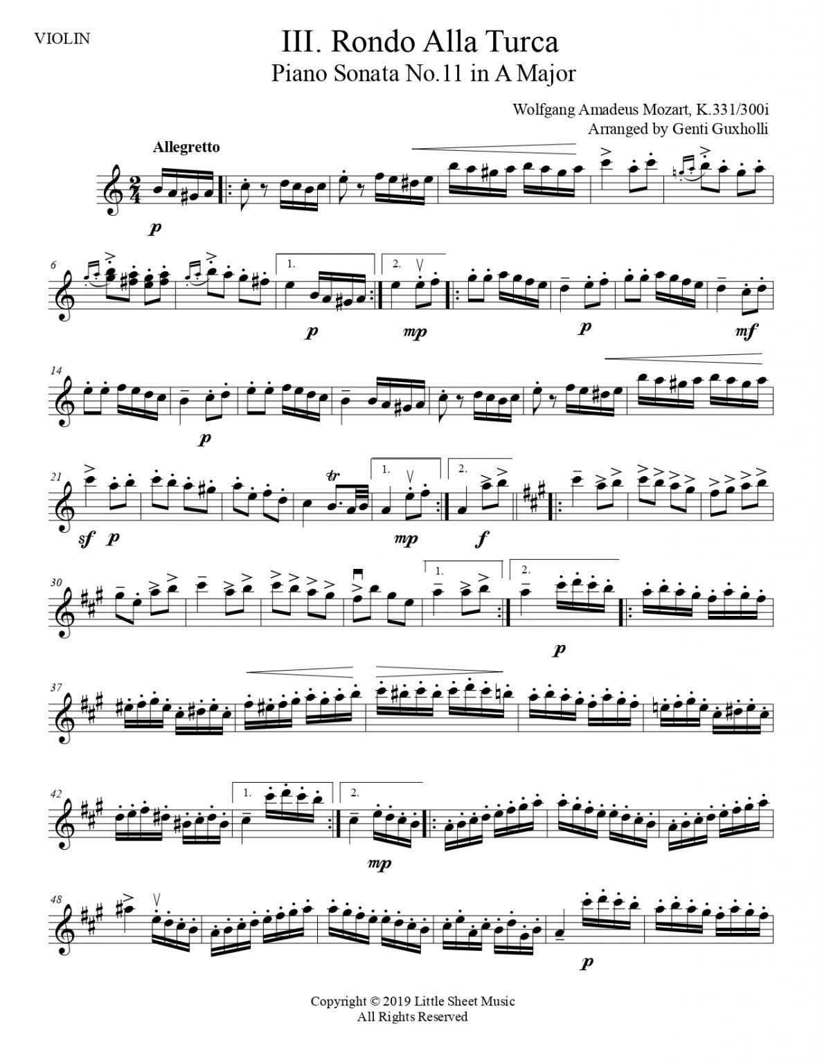 Wolfgang Amadeus Mozart – Turkish March (Violin Solo) – Littlesheetmusic