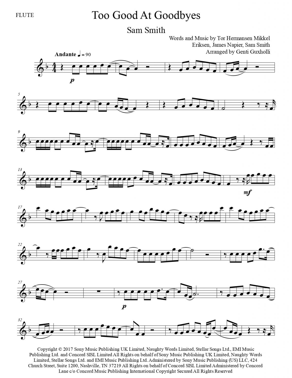 Sam Smith – Too Good At Goodbyes (Flute Solo) – Littlesheetmusic