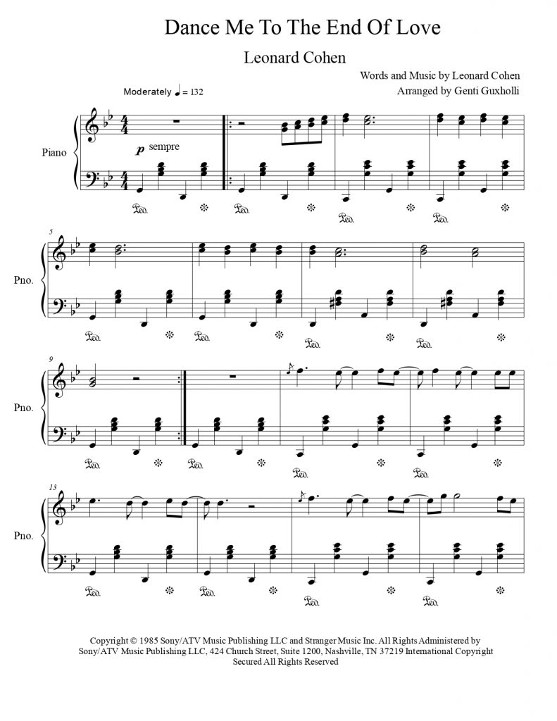 Leonard Cohen – Dance Me To The End Of Love (Piano Solo) – Littlesheetmusic