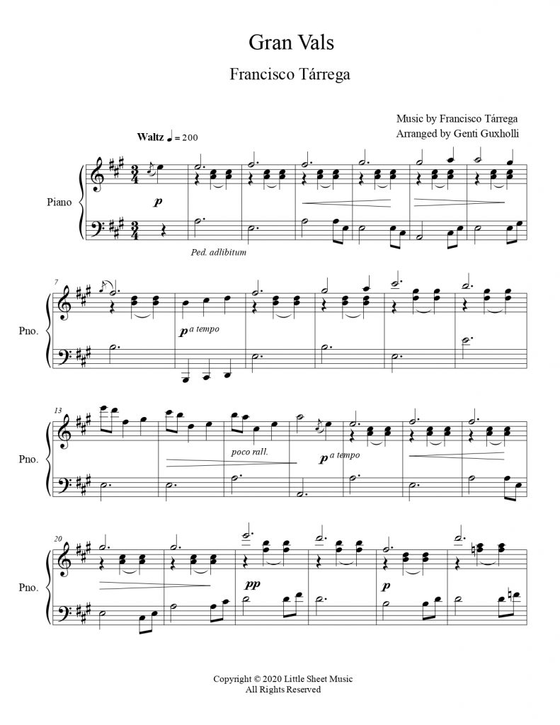 Francisco Tárrega – Gran Vals (Piano Solo) – Littlesheetmusic