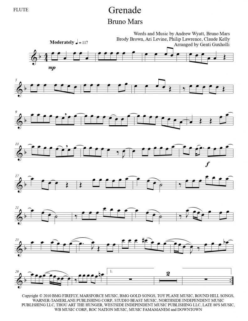 Bruno Mars – Grenade (Flute Solo) – Littlesheetmusic