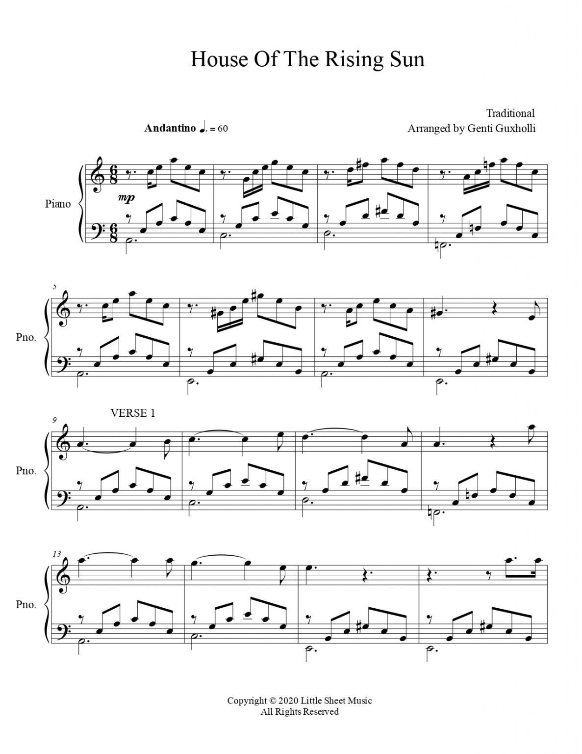 House Of The Rising Sun (Piano Solo) – Littlesheetmusic
