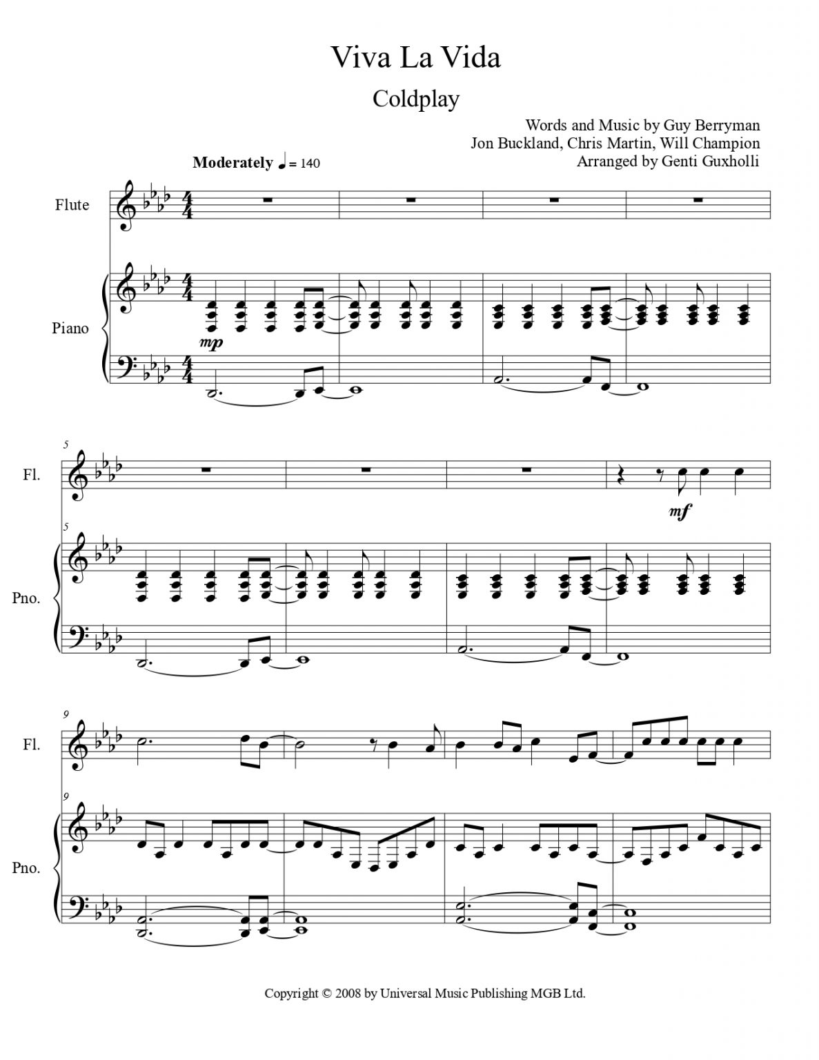 Coldplay – Viva La Vida (Flute Solo) – Littlesheetmusic