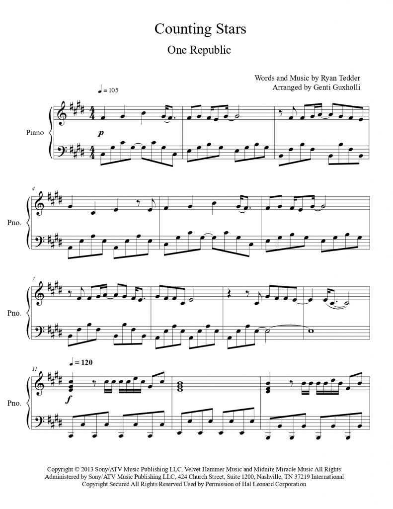 OneRepublic – Counting Stars (Piano Solo) – Littlesheetmusic