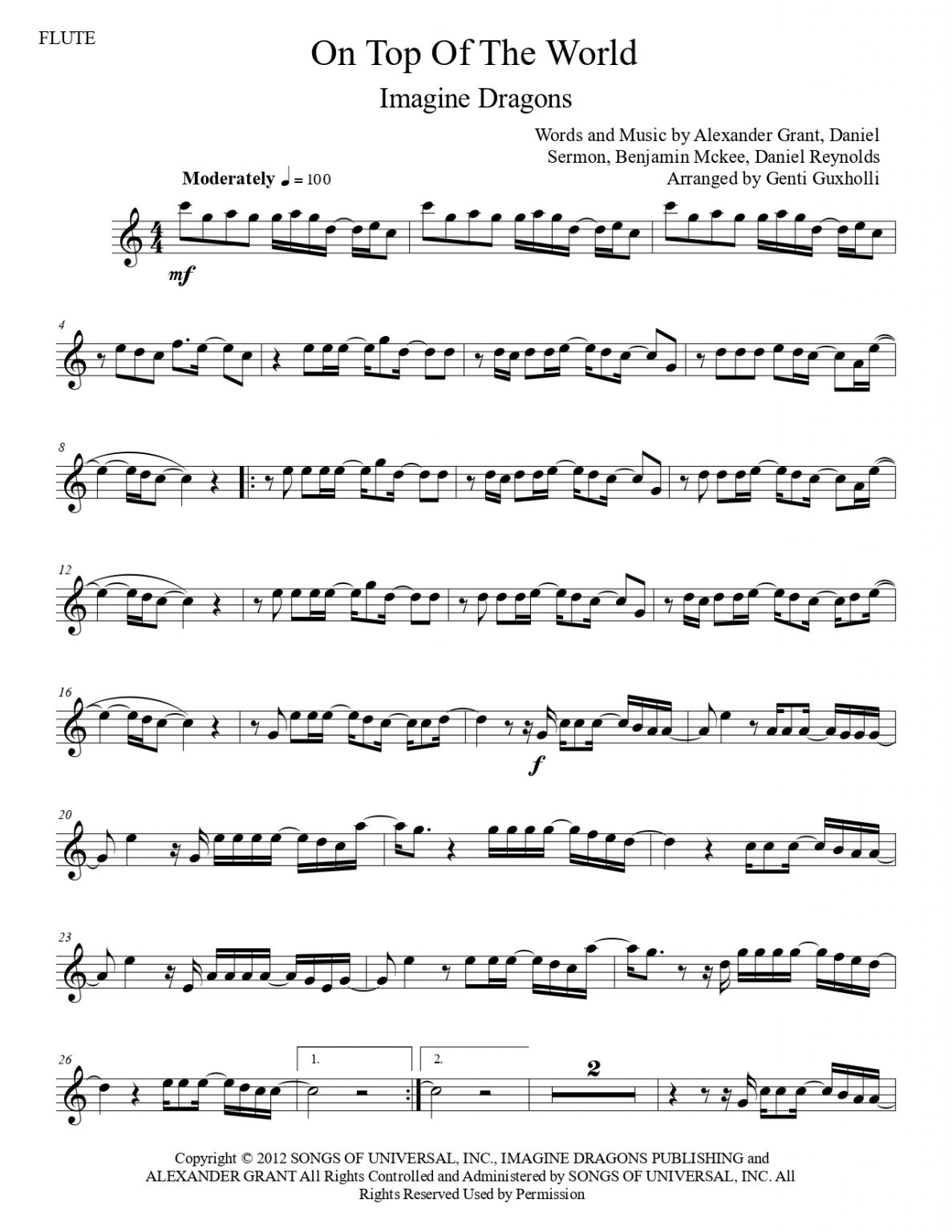 Imagine Dragons – On Top Of The World (Flute Solo) – Littlesheetmusic