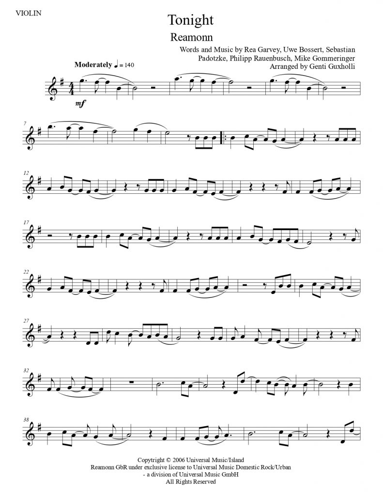 Reamonn – Tonight (Violin Solo) – Littlesheetmusic