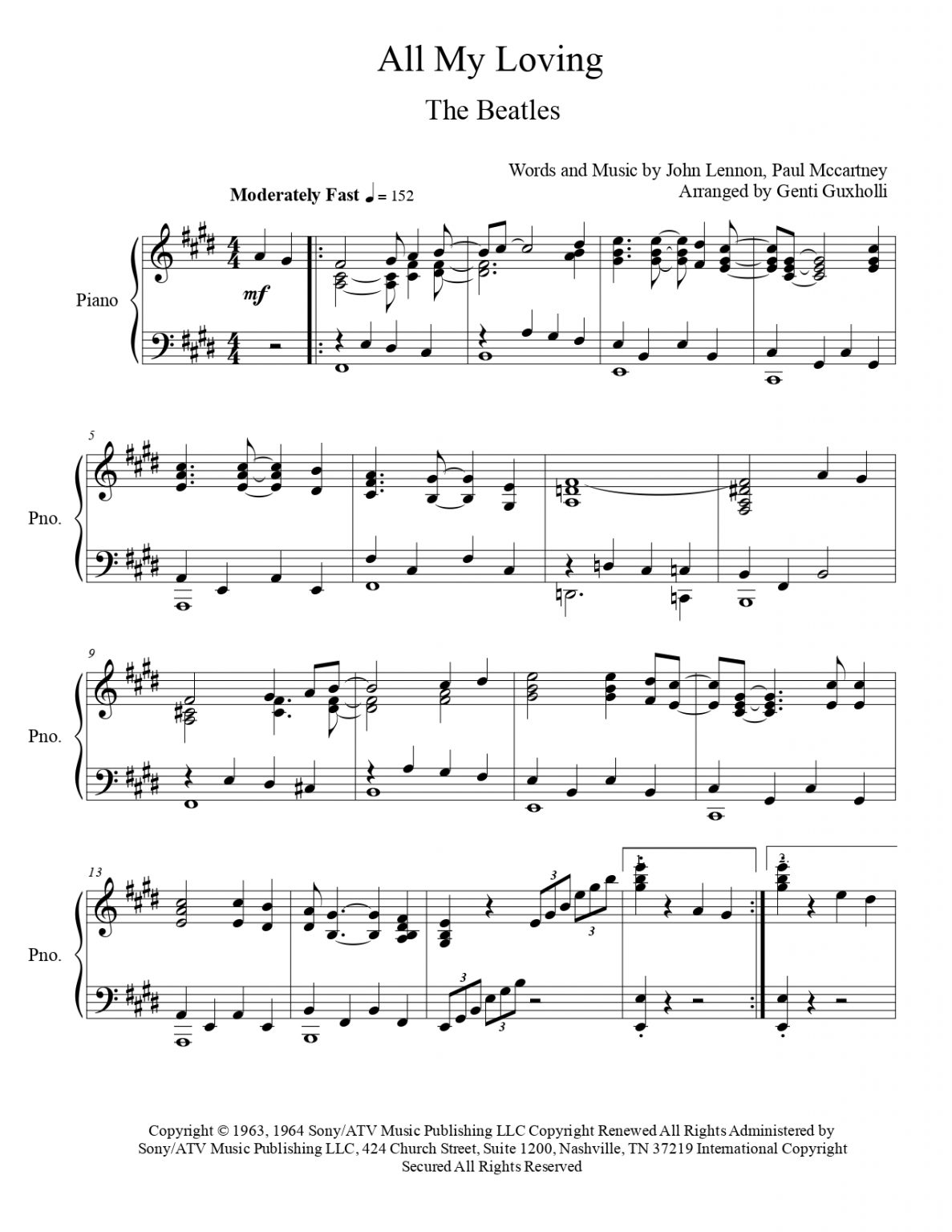 The Beatles – All My Loving (Piano Solo) – Littlesheetmusic