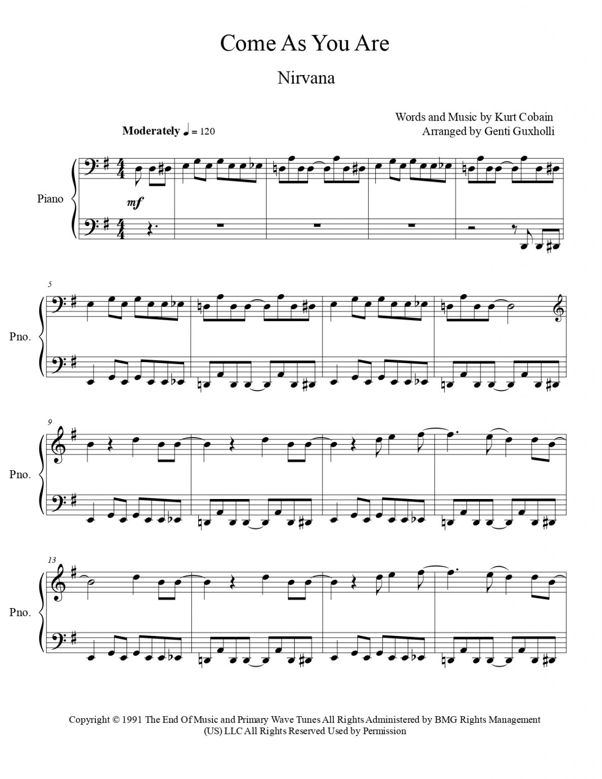 Nirvana – Come As You Are (Piano Solo) – Littlesheetmusic