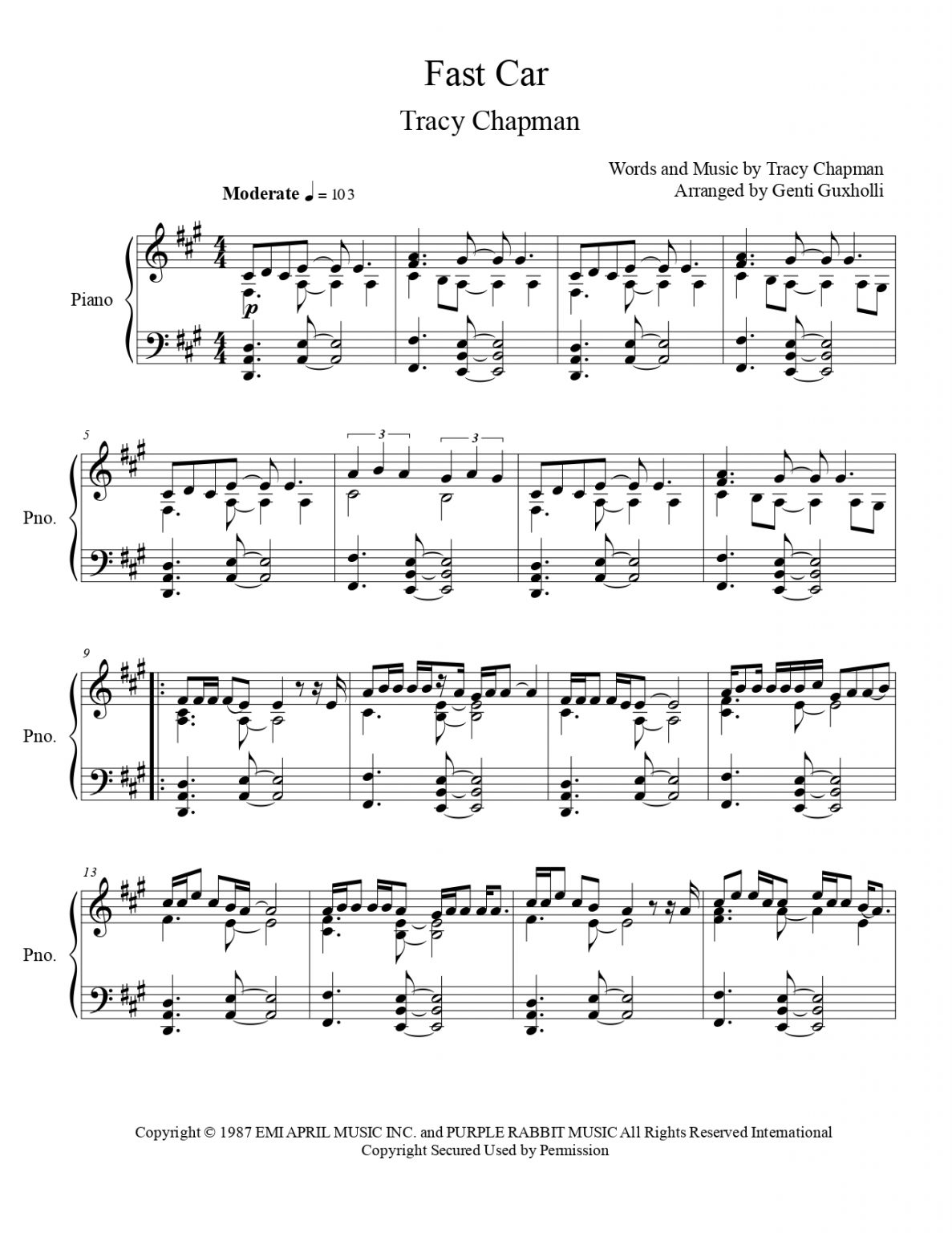 Tracy Chapman – Fast Car (Piano Solo) – Littlesheetmusic