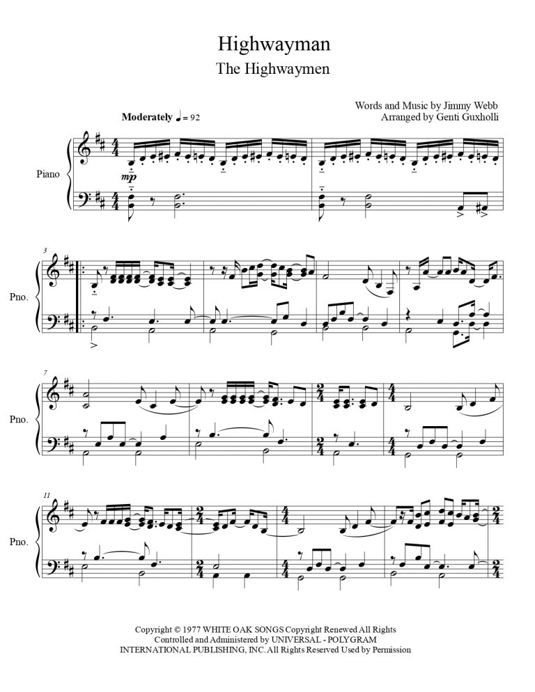 The Highwayman – Highwayman (Piano Solo) – Littlesheetmusic
