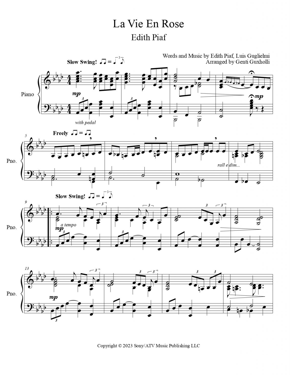 Edith Piaf – La Vie En Rose (Piano Solo) – Littlesheetmusic