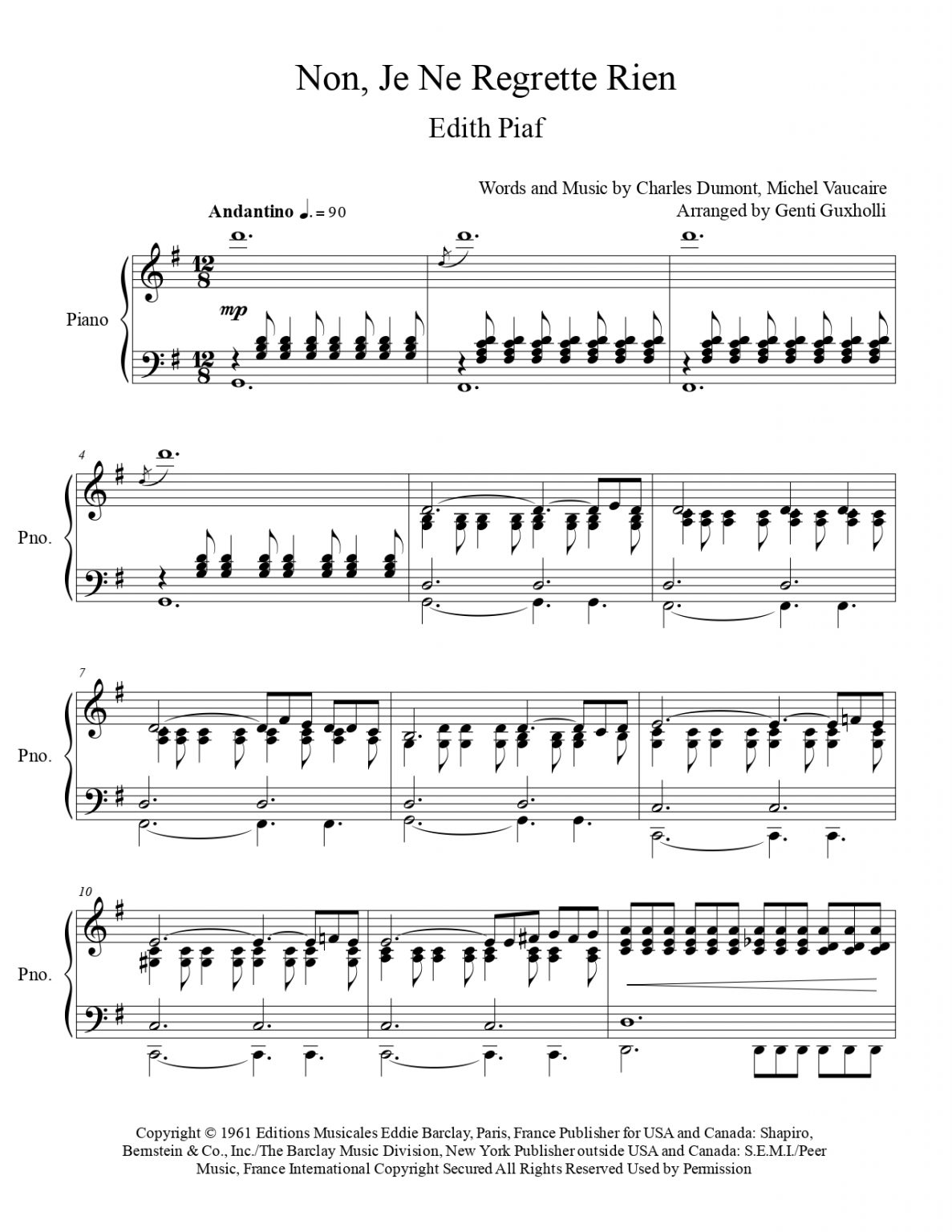 Edith Piaf – Non, Je Ne Regrette Rien (Piano Solo) – Littlesheetmusic