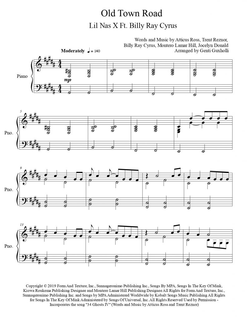 Lil Nas X ft. Billy Ray Cyrus – Old Town Road (Piano Solo ...