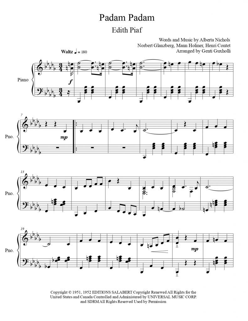 Edith Piaf – Padam Padam (Piano Solo) – Littlesheetmusic