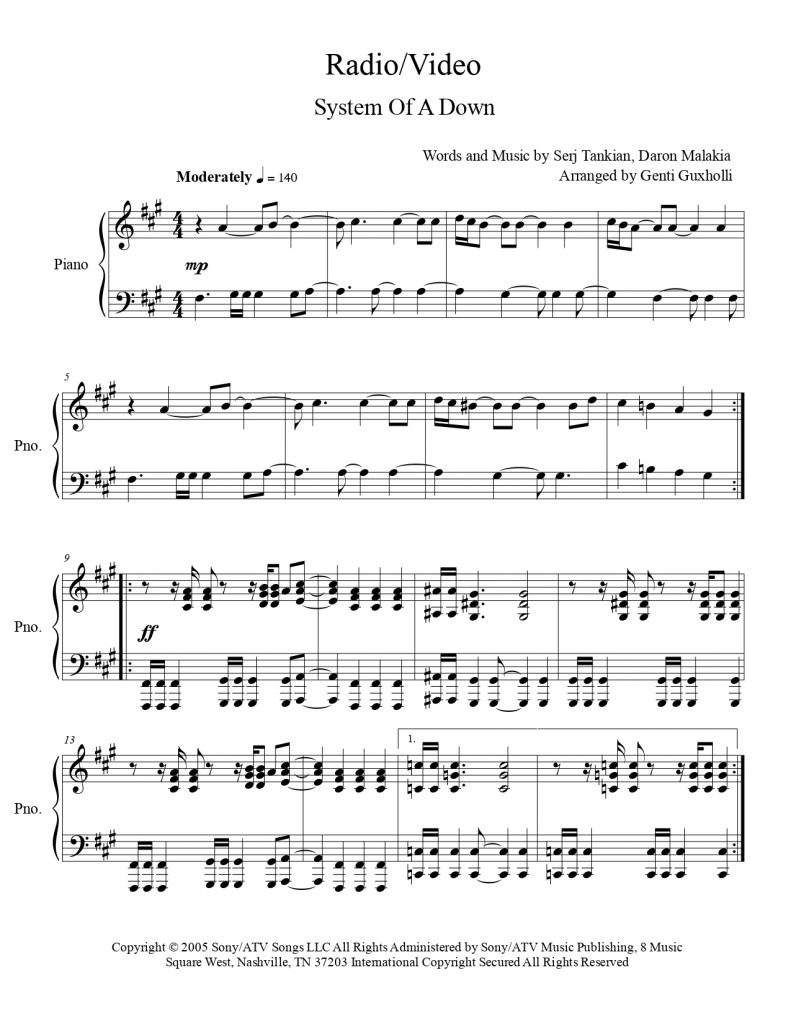 System Of A Down – Radio/Video (Piano Solo) – Littlesheetmusic