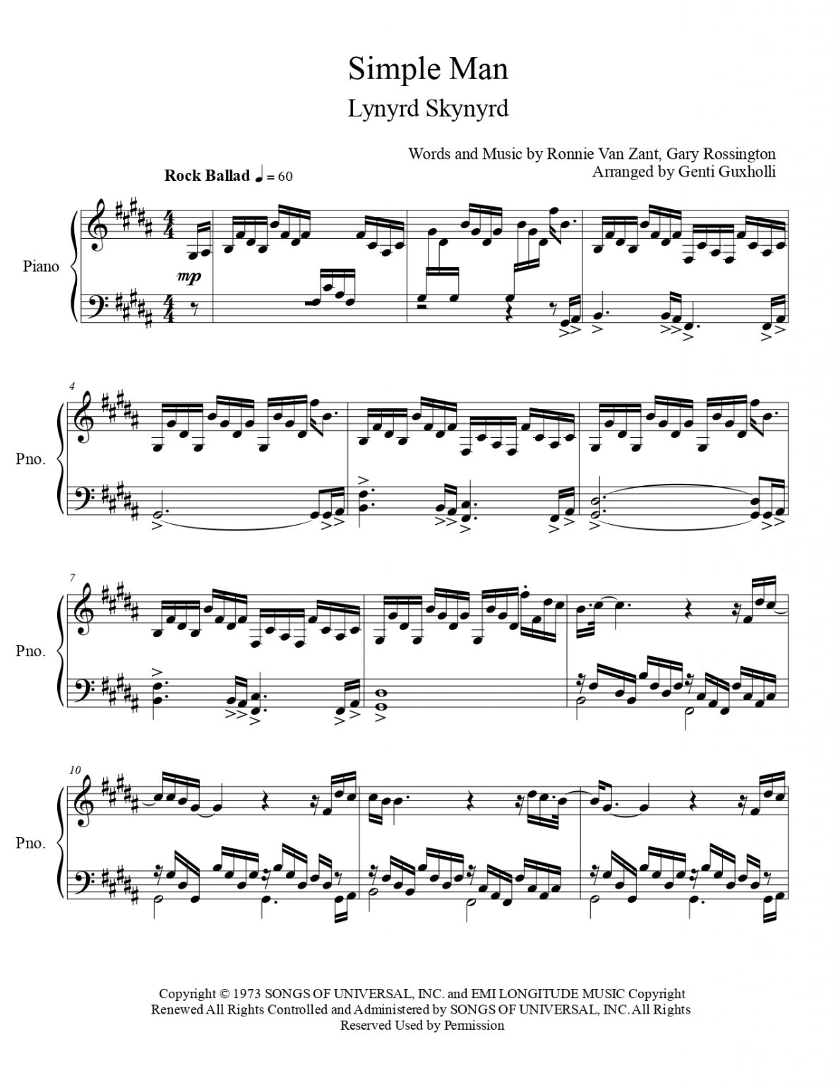 Lynyrd Skynyrd – Simple Man (Piano Solo) – Littlesheetmusic