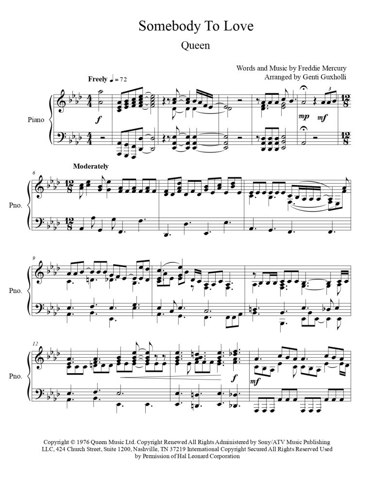 Somebody To Love Piano Sheet Music