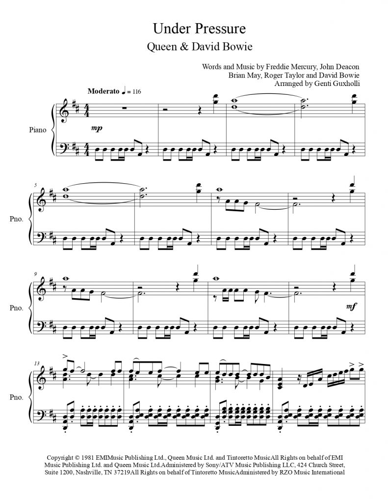 Queen & David Bowie – Under Pressure (Piano Solo) – Littlesheetmusic