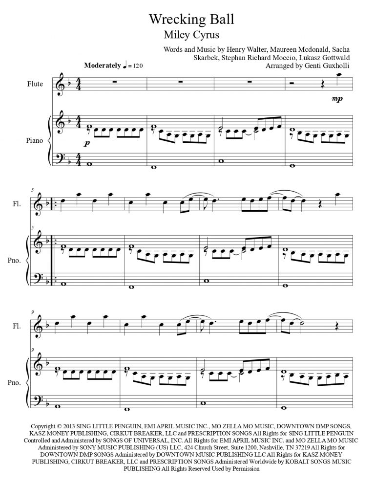 Miley Cyrus – Wrecking Ball (Flute Solo) – Littlesheetmusic