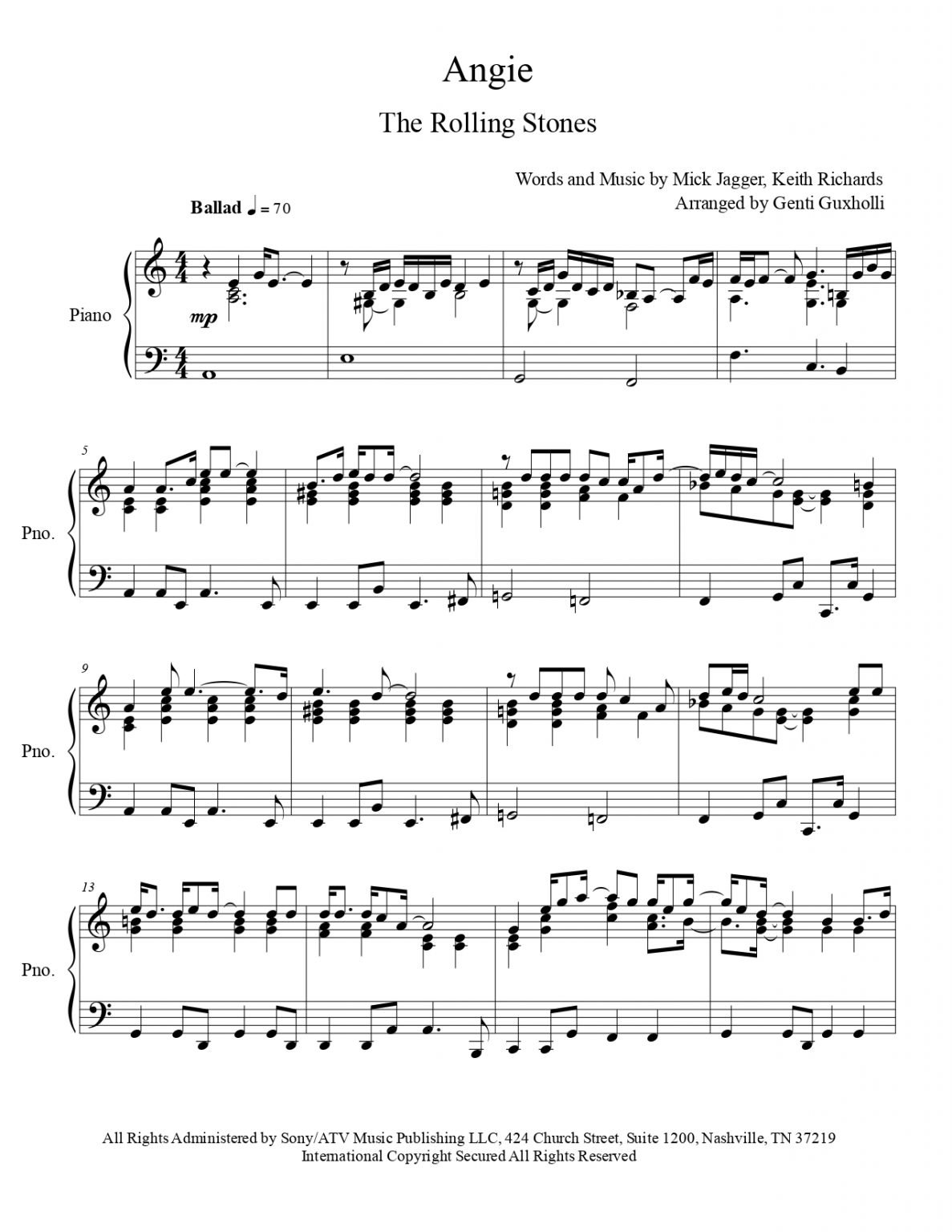 The Rolling Stones – Angie (Piano Solo) – Littlesheetmusic