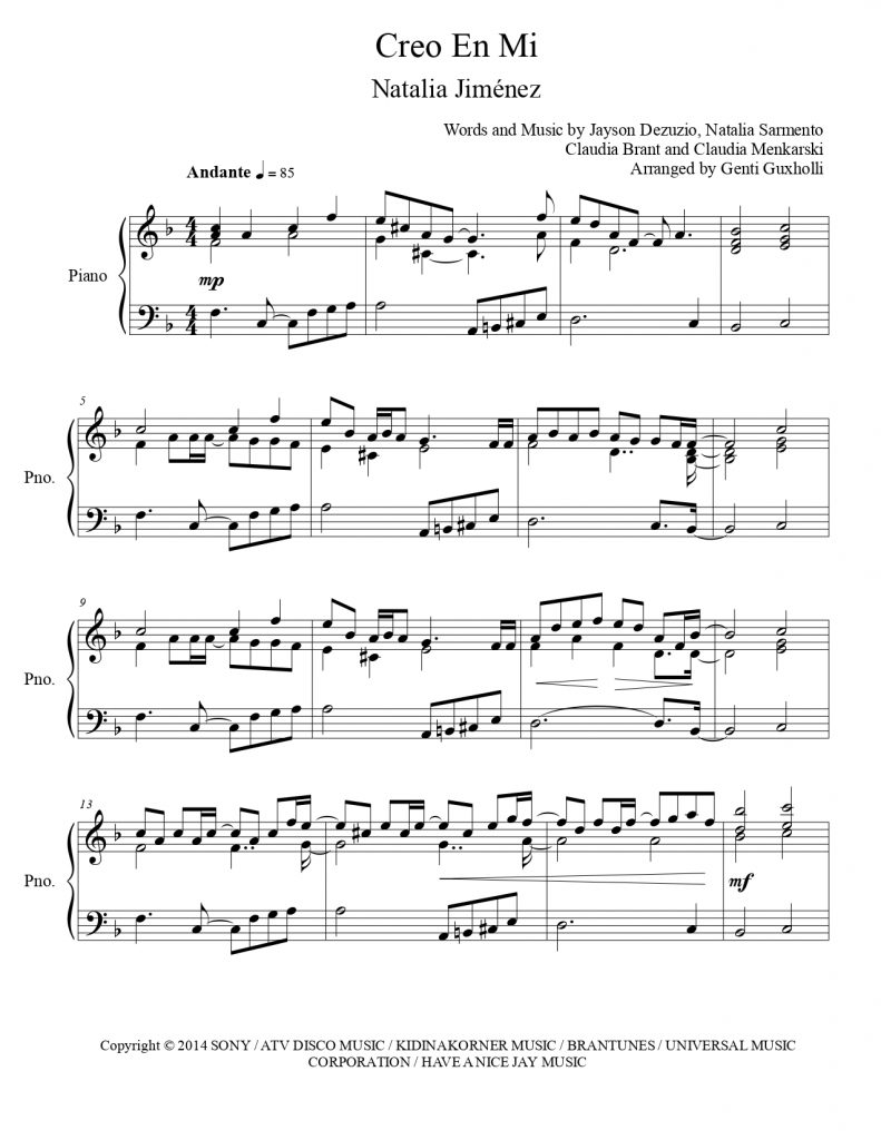 Natalia Jiménez – Creo En Mi (Piano Solo) – Littlesheetmusic