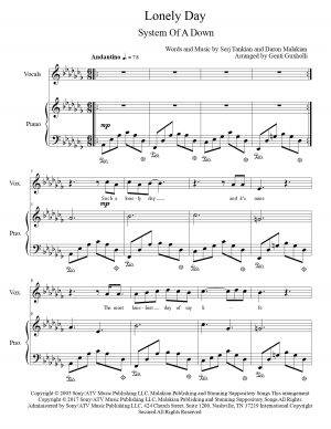 System Of A Down – Lonely Day (Piano & Vocal) – Littlesheetmusic