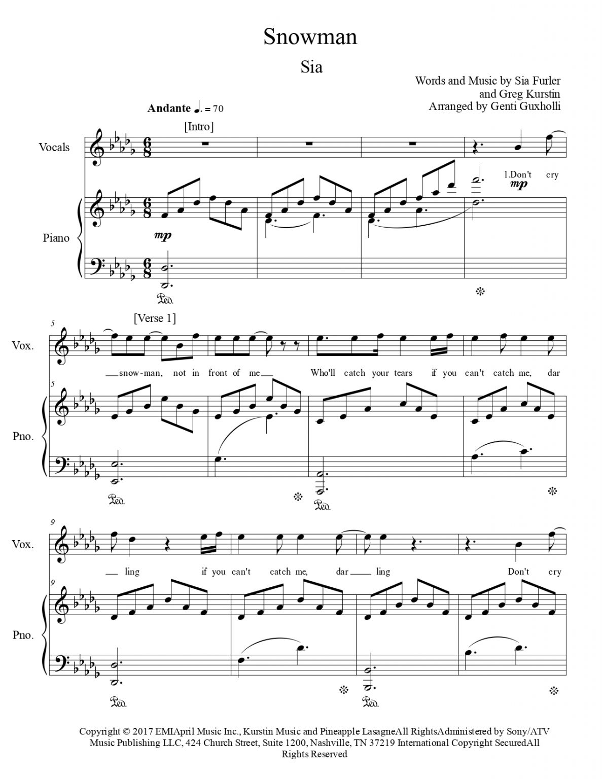 Sia – Snowman (Piano & Vocal) – Littlesheetmusic