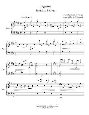 Francisco Tárrega – Lágrima (Tear) (Piano Solo) – Littlesheetmusic
