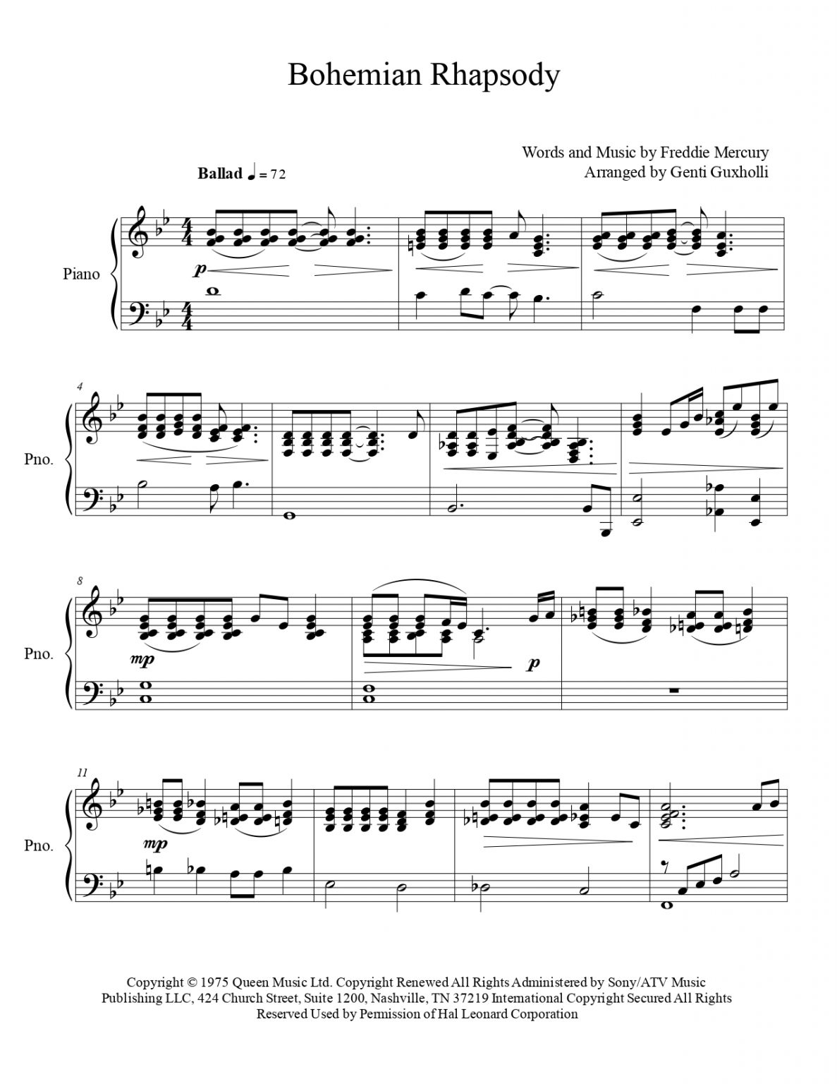 Queen Bohemian Rhapsody Piano Solo Littlesheetmusic