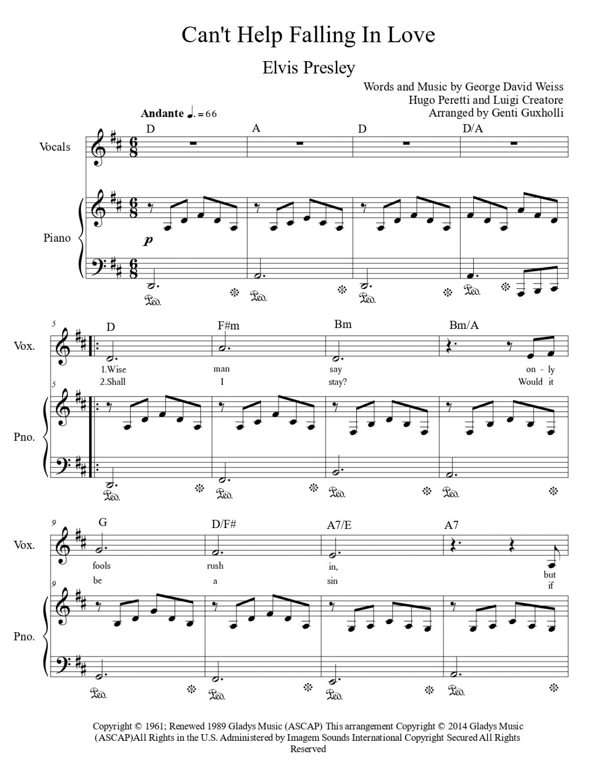 Elvis Presley – Can’t Help Falling In Love (Piano & Vocal ...