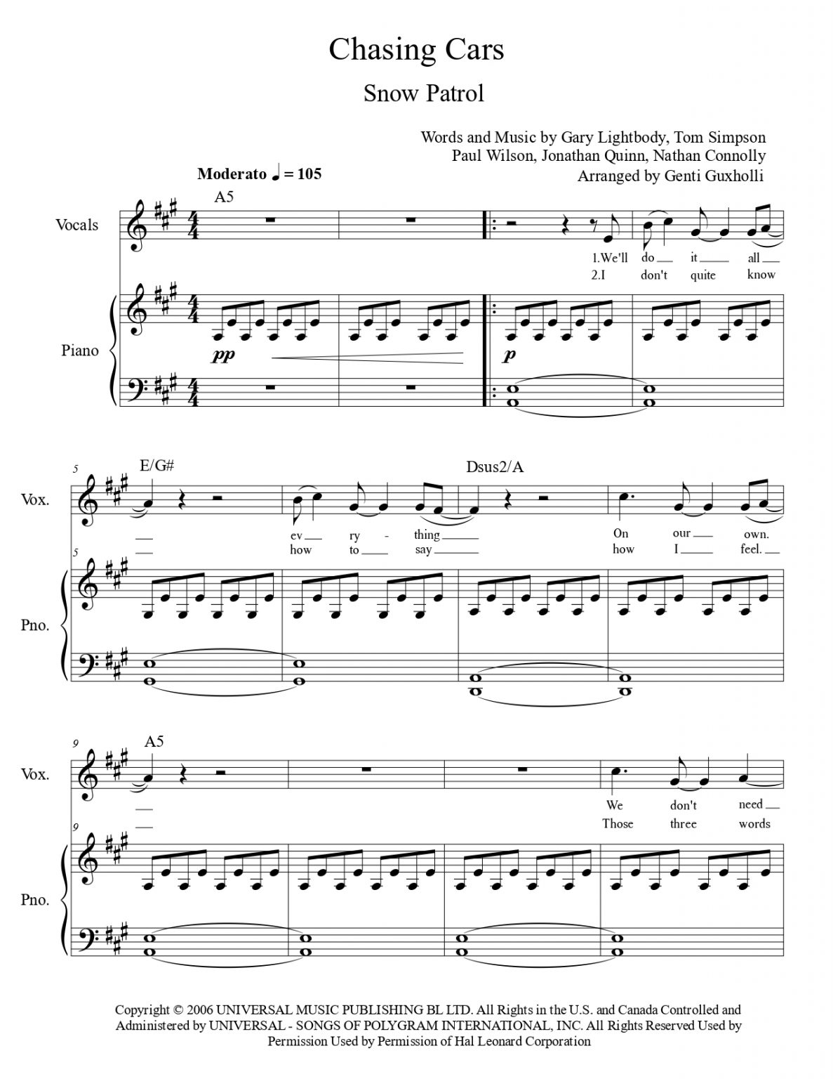 Snow Patrol – Chasing Cars (Piano & Vocal) – Littlesheetmusic