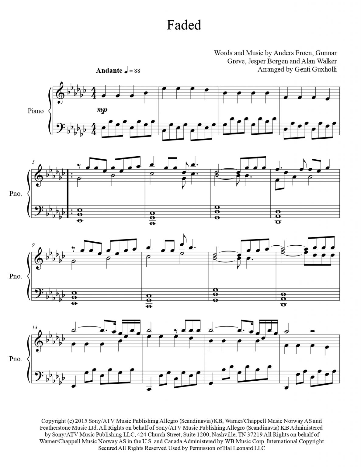 Alan Walker – Faded (Piano Solo) – Littlesheetmusic