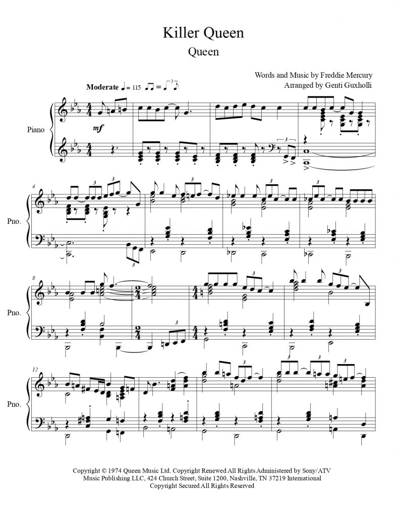 Queen Killer Queen Piano Solo Littlesheetmusic