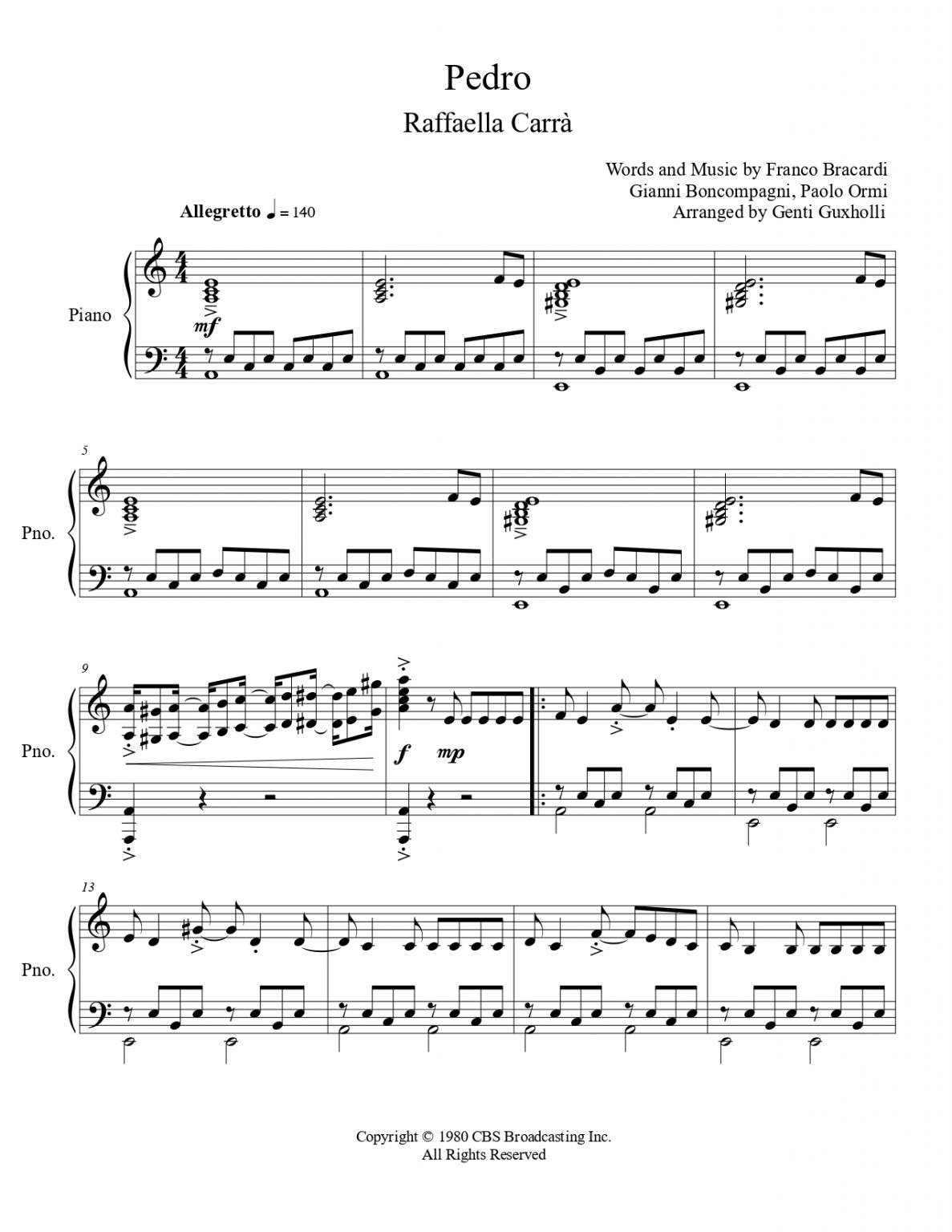 Raffaella Carrà – Pedro (Piano Solo) – Littlesheetmusic