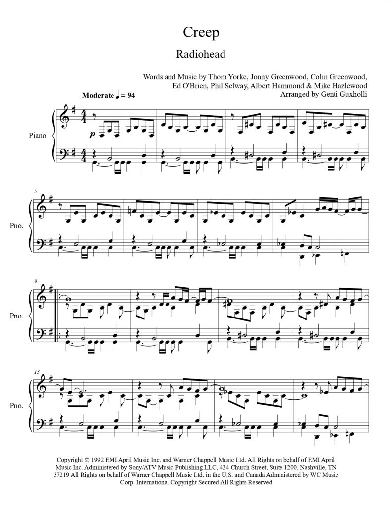 Radiohead – Creep (Piano Solo) – Littlesheetmusic